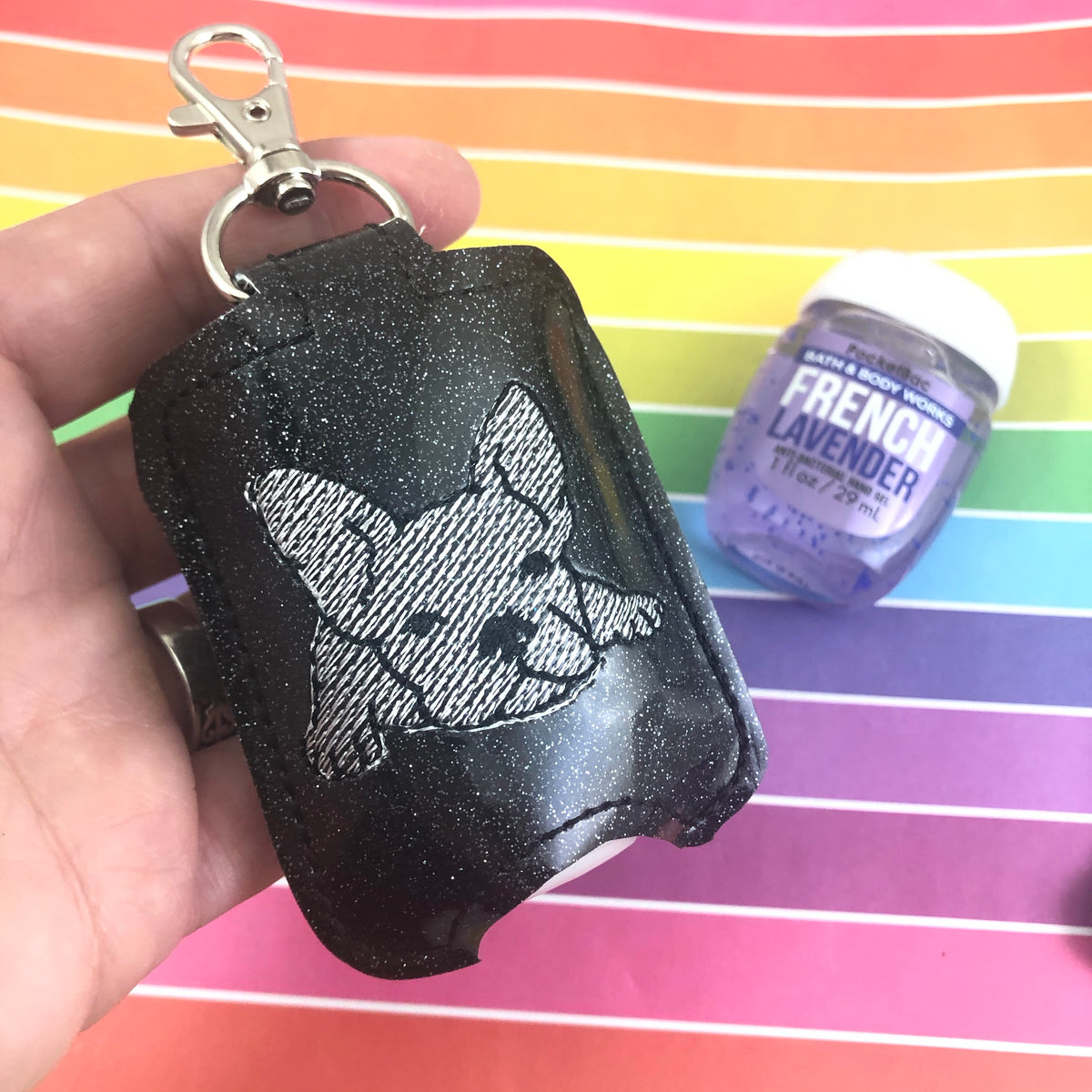 Frenchie French Bulldog Hand Sanitizer Holder Snap Tab In the Hoop Emb ...