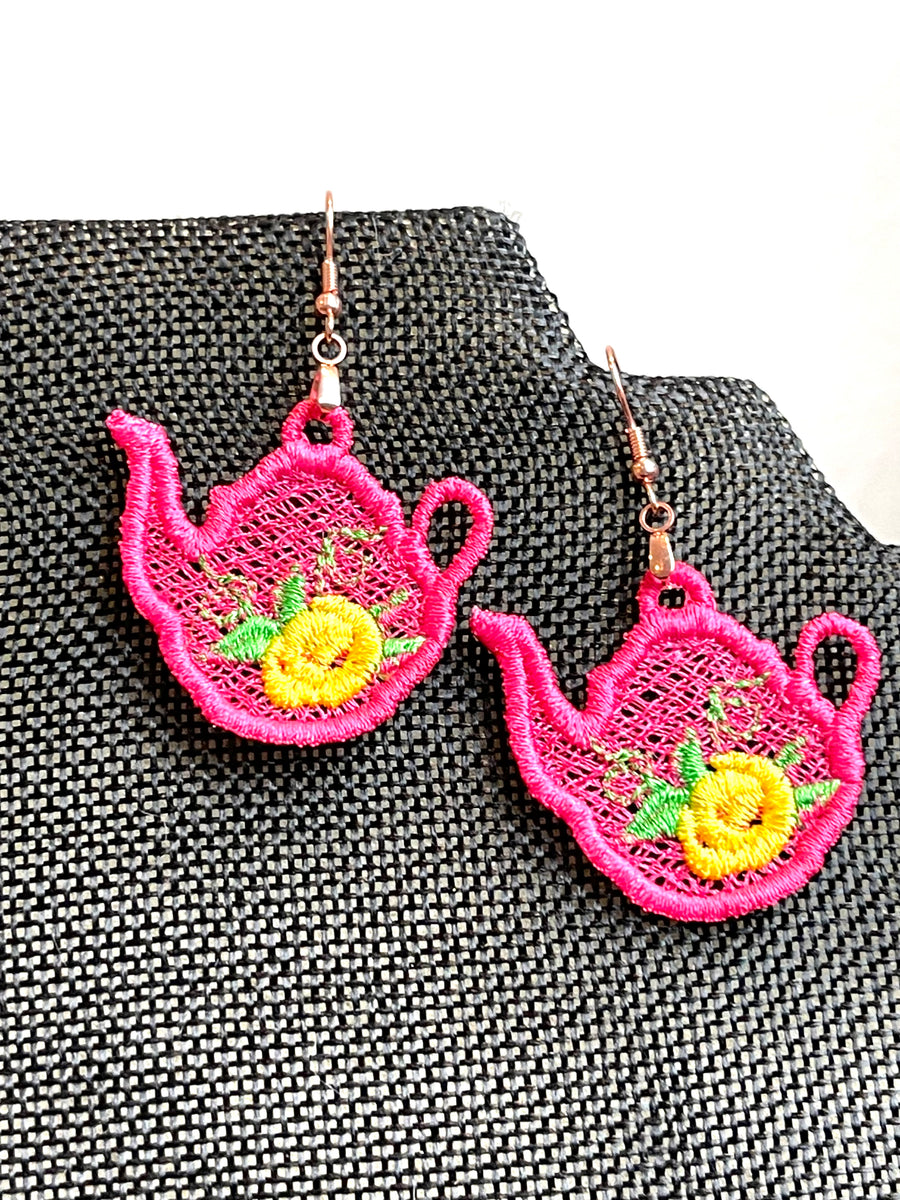 Teapot FSL Earrings - Freestanding Lace Earring Design - In the Hoop E ...