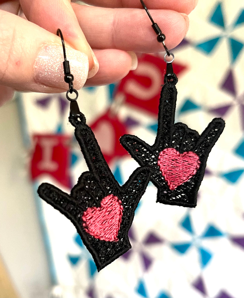 ILY I love you Sign Language FSL Earrings - In the Hoop Freestanding L ...